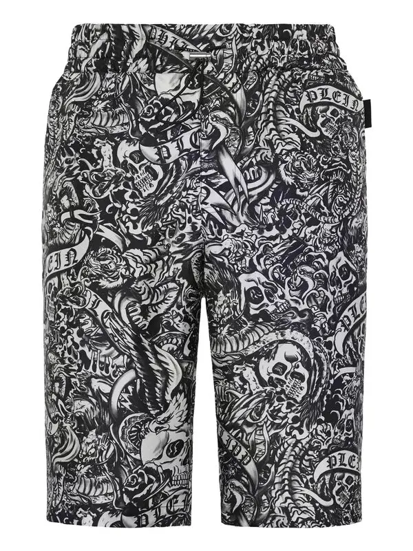 Philipp Plein Tattoo Print Silk Shorts - Black