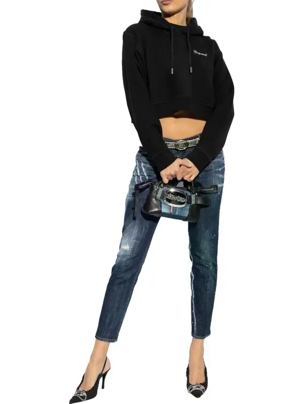 Dsquared2 Rhinestone-logo Cropped Hoodie - Black