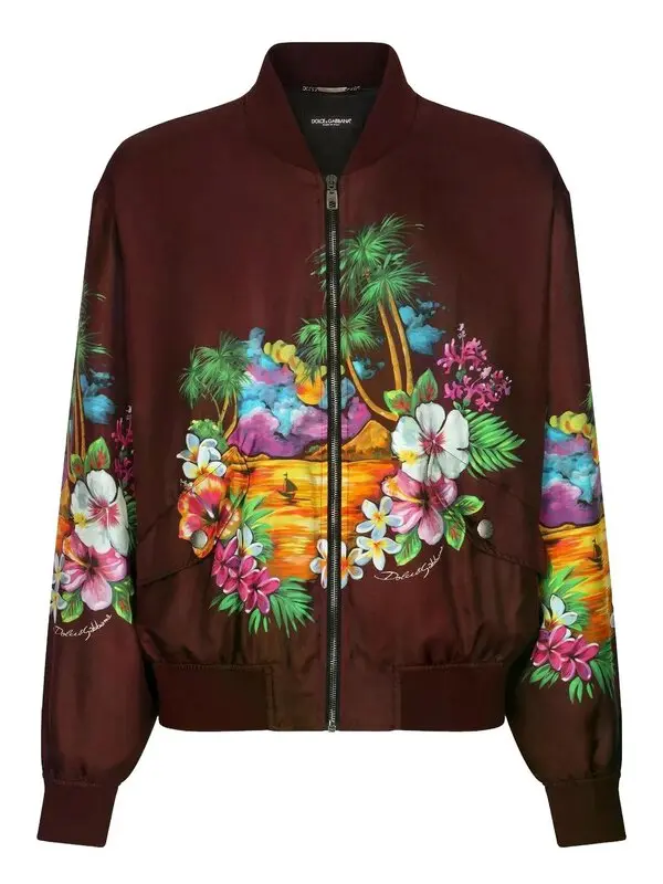 Dolce & Gabbana Island Print Silk Bomber Jacket - Red