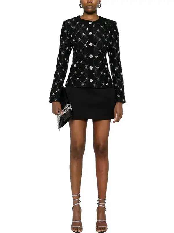 NISSA Embroidered Jacquard Jacket With Crystal Embellishments - Black
