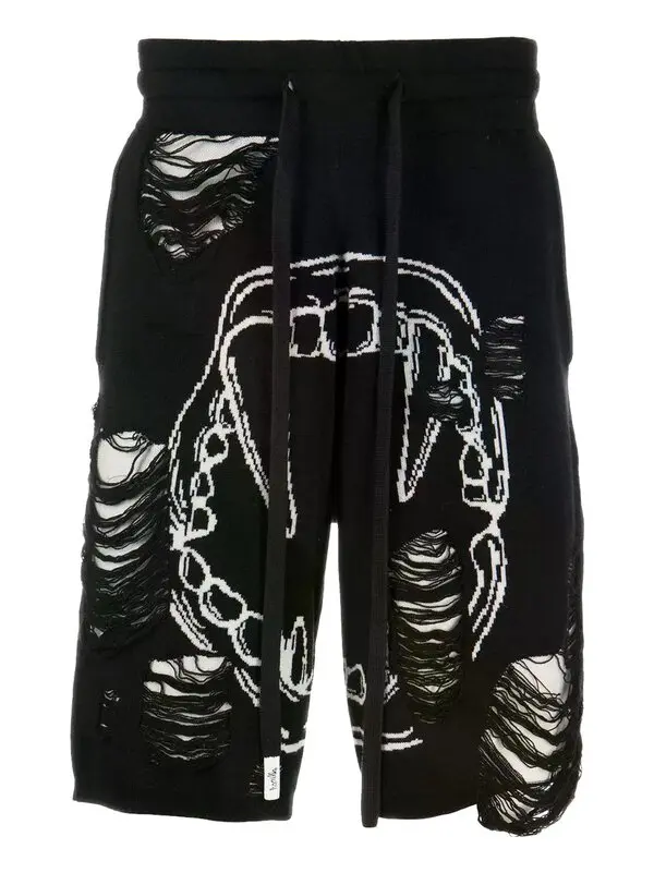 HACULLA. Distressed Intarsia Knit Track Shorts - Black