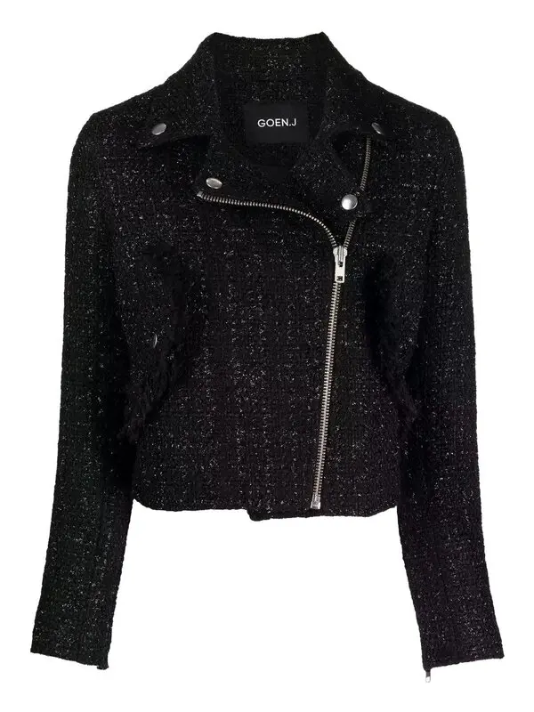 Goen.j Cropped Tweed Biker Jacket - Black