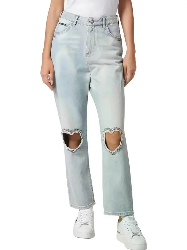 Philipp Plein Heart Patch Embellished Straight Leg Jeans - Blue