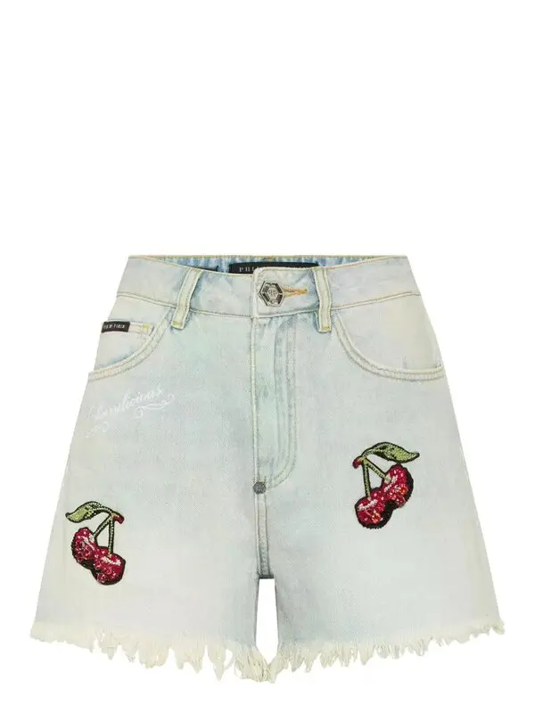 Philipp Plein Cherry Sequin Embroidered Denim Shorts - Blue