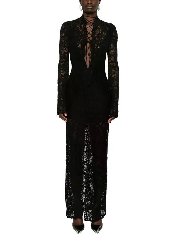MANURI Lace Maxi Dress With Drawstring Fastening - Black