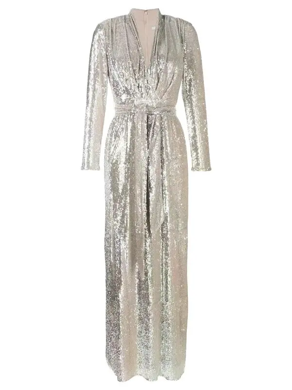 Badgley Mischka Plunge Sequin Column Gown - Silver