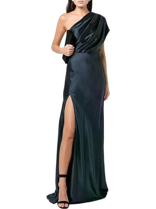 Michelle Mason Silk Asymmetrical Gathered Gown - Black