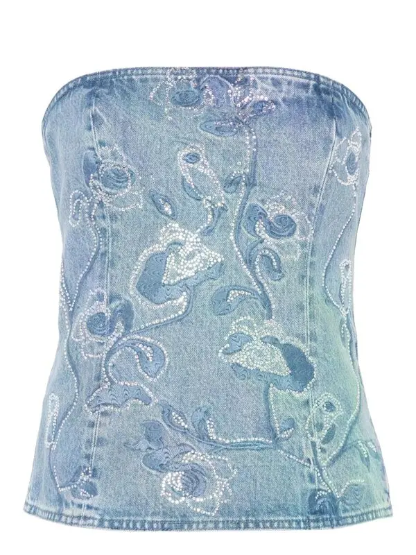 ROTATE BY BIRGER CHRISTENSEN Strapless Embellished Denim Top - Blue