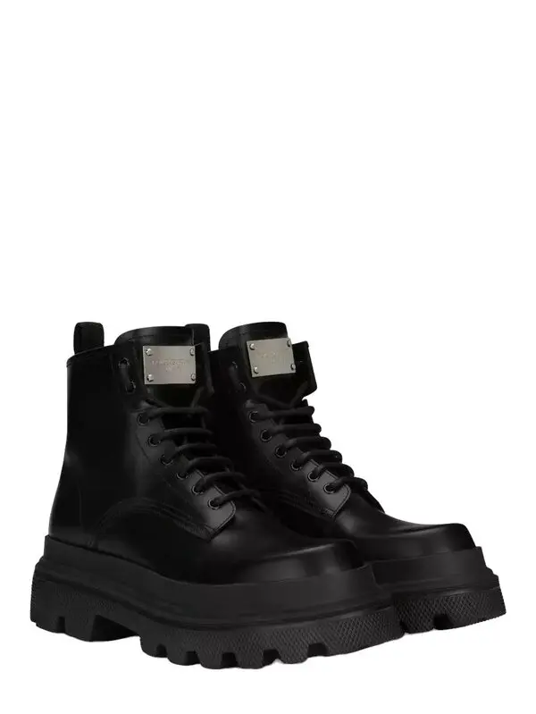 Dolce & Gabbana Logo Plaque Brushed Leather Lace-up Boots - Black