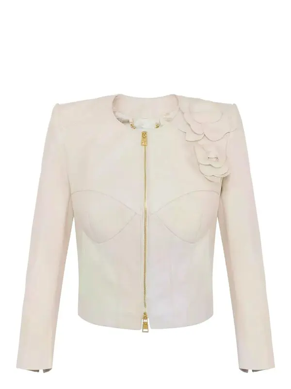 Elisabetta Franchi Leather Jacket With Flower Appliqués - Neutrals