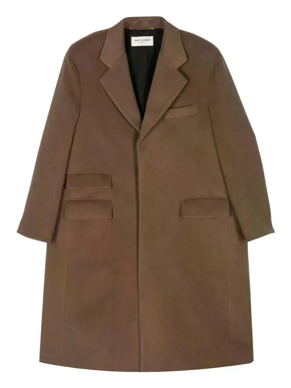 Saint Laurent Single-breasted Wool Long Coat - Brown