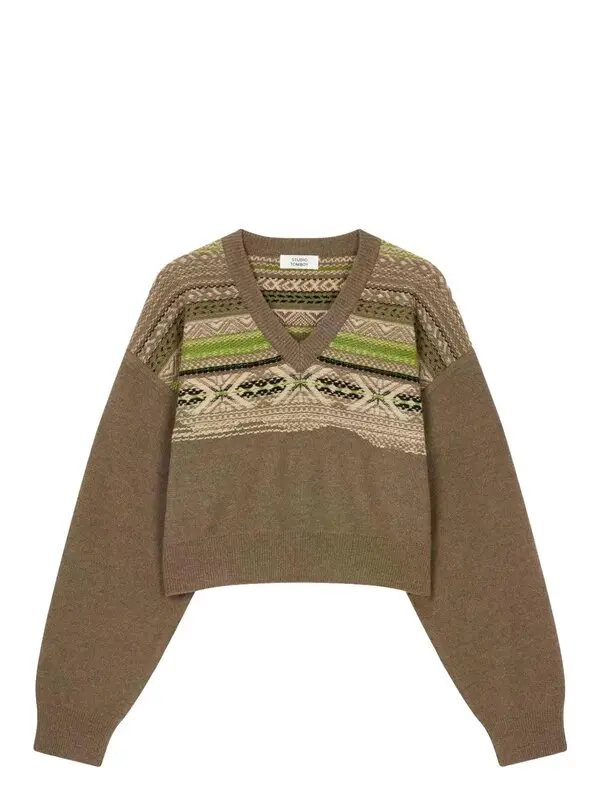 STUDIO TOMBOY Fair Isle Intarsia Knit V-neck Sweater - Brown