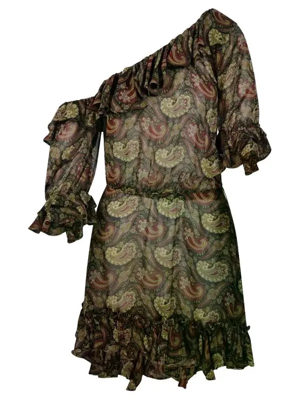 Saint Laurent Paisley Print One-shoulder Mini Dress - Green