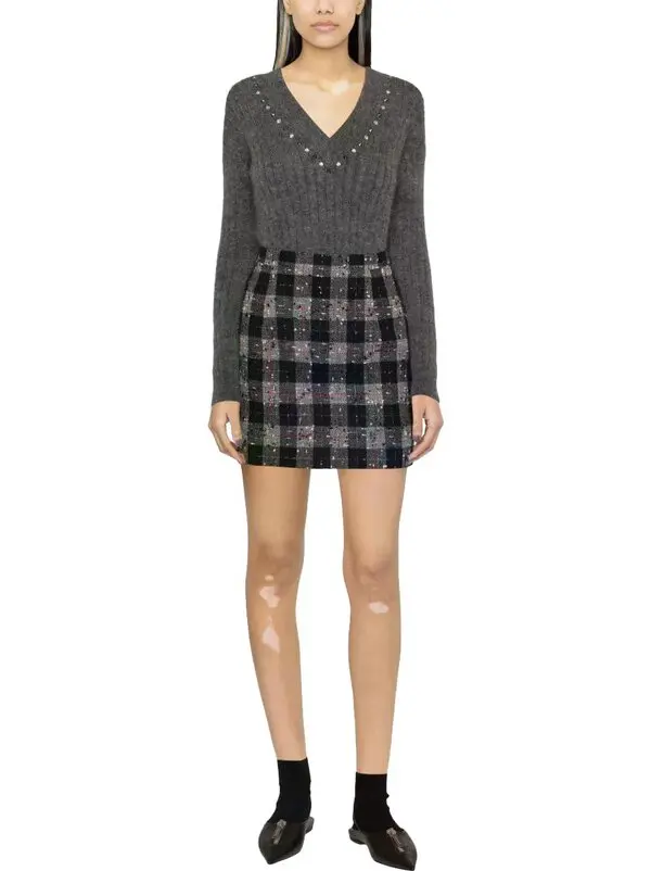 Alessandra Rich Embellished V-neck Ribbed Jumper - Grey