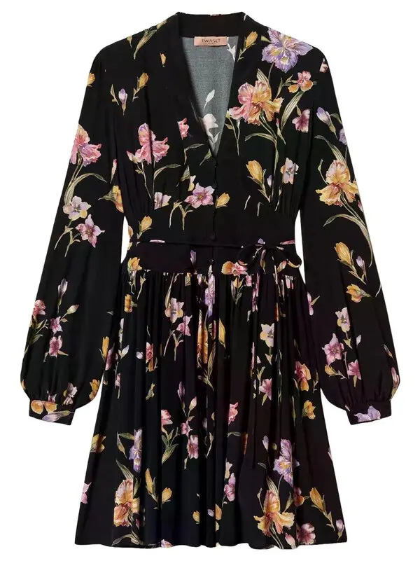 TWINSET Floral Print V-neck Long Sleeve Mini Dress - Black