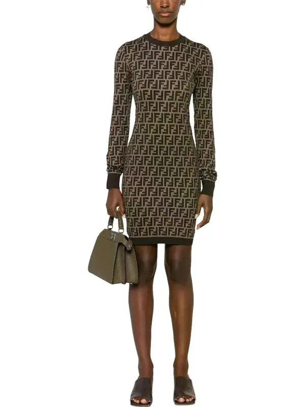 Fendi Zucca Long-sleeved Minidress - Brown