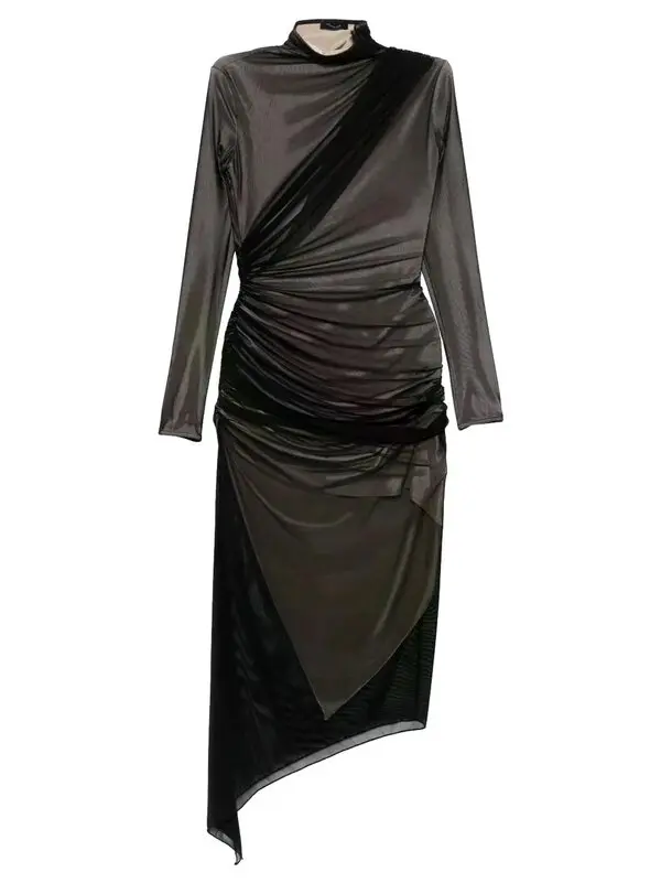 MUGLER Asymmetrical High Neck Ruched Midi Dress - Black