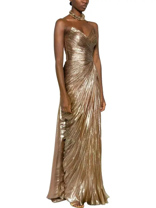 IRIS SERBAN Bronze Metallic Silk Draped Maxi Dress - Brown