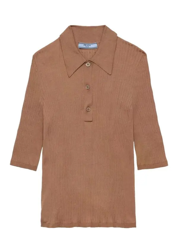 Prada Camel Ribbed Knit Polo Shirt - Brown