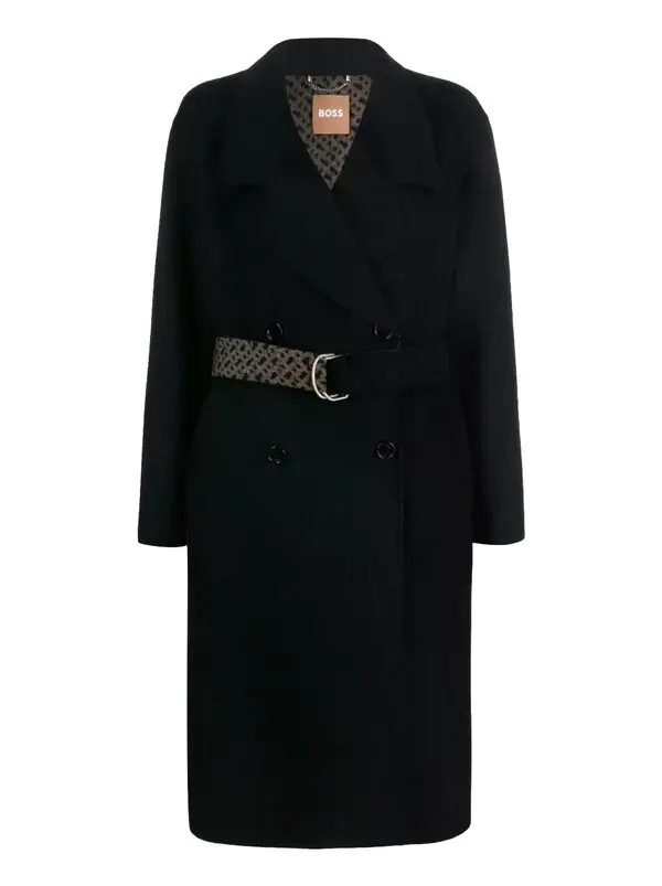 BOSS Monogram Jacquard Belted Wool-blend Coat - Black