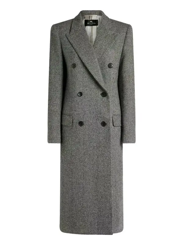 Etro Herringbone Double-breasted Wool Blend Coat - Black