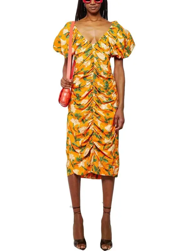 Agua Bendita Floral Print Ruched Dress - Orange