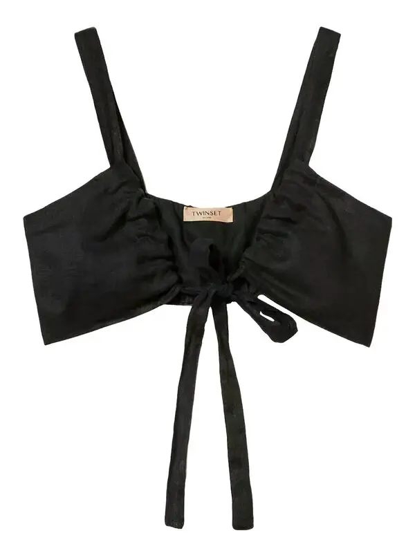 TWINSET Linen V-neck Front Tie Top - Black