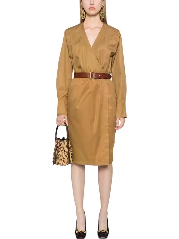 Saint Laurent Belted V-neck Dress - Brown