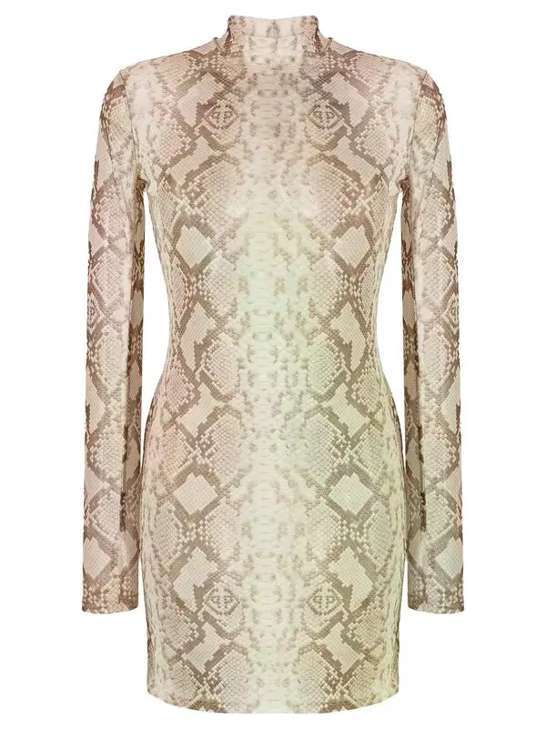 Philipp Plein Snakeskin Print Mock Neck Mini Dress - Neutrals