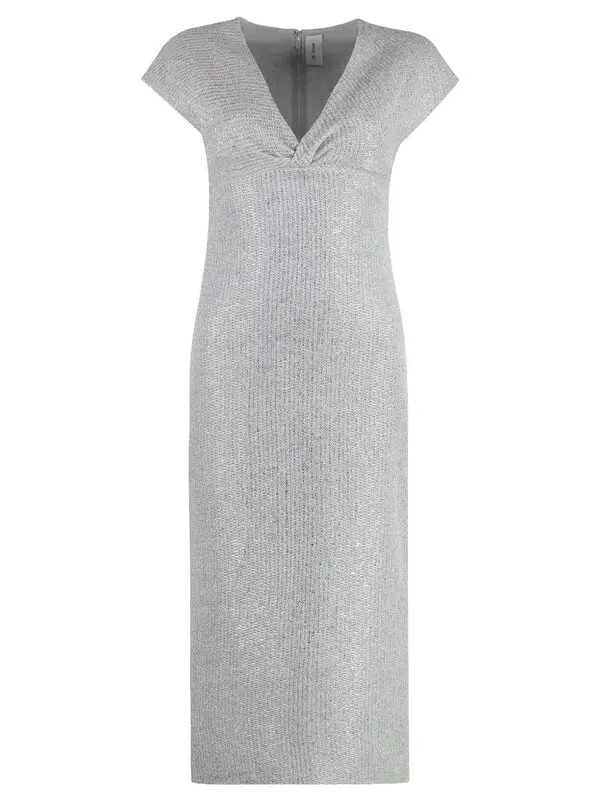 St. John Cap Sleeve Lurex Midi Dress - Silver