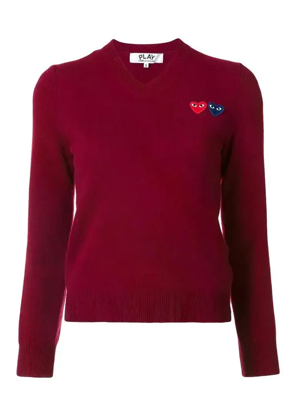 Play Comme Des Garcon Double Heart V-neck Jumper - Red