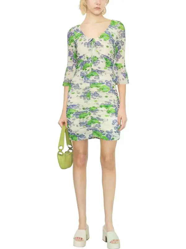 GANNI Floral-print Ruched Minidress - Neutrals
