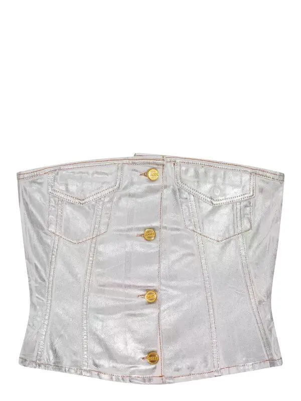 GANNI Foiled Organic Cotton Denim Top - Silver