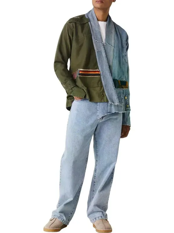 GREG LAUREN Asymmetric Patchwork Denim And Cotton-wool Blend Jacket - Blue