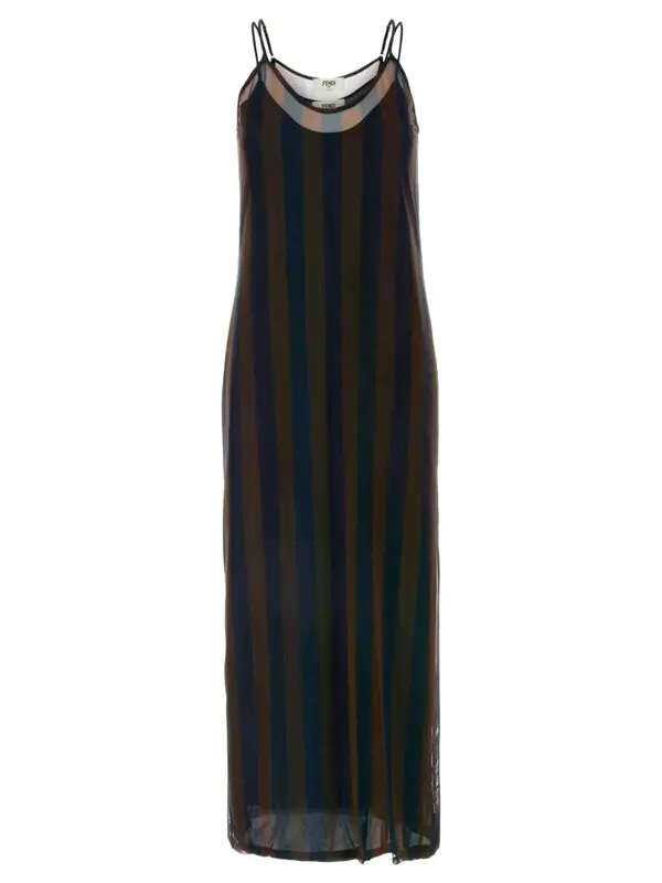Fendi Pequin Stripe Tulle Overlay Maxi Dress - Brown