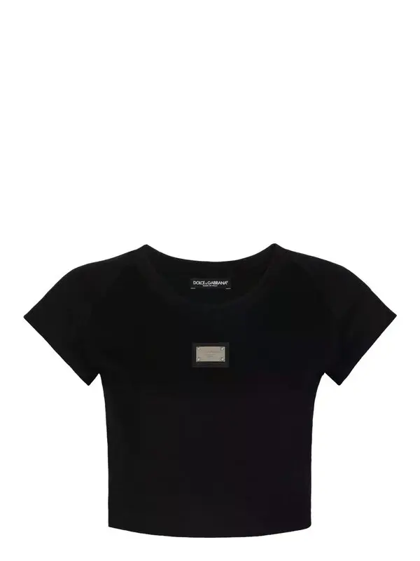 Dolce & Gabbana Cropped T-shirt With Silver-tone Logo Plaque - Black