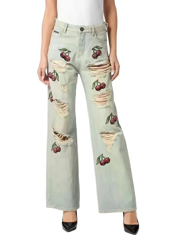 Philipp Plein Distressed Cherry Appliqué Jeans - Blue