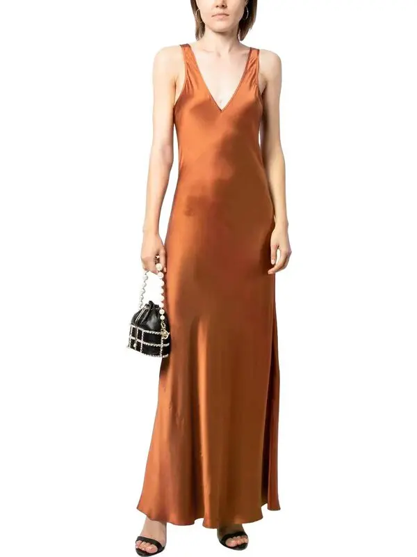 Voz V-neck Silk Long Dress - Brown