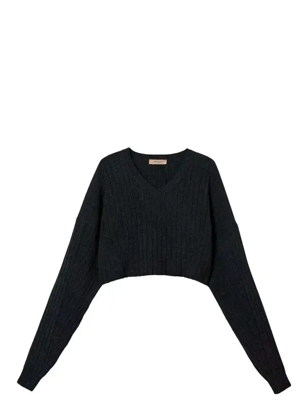 TWINSET Wool Blend Ribbed Knit Cropped V-neck Sweater - Grey