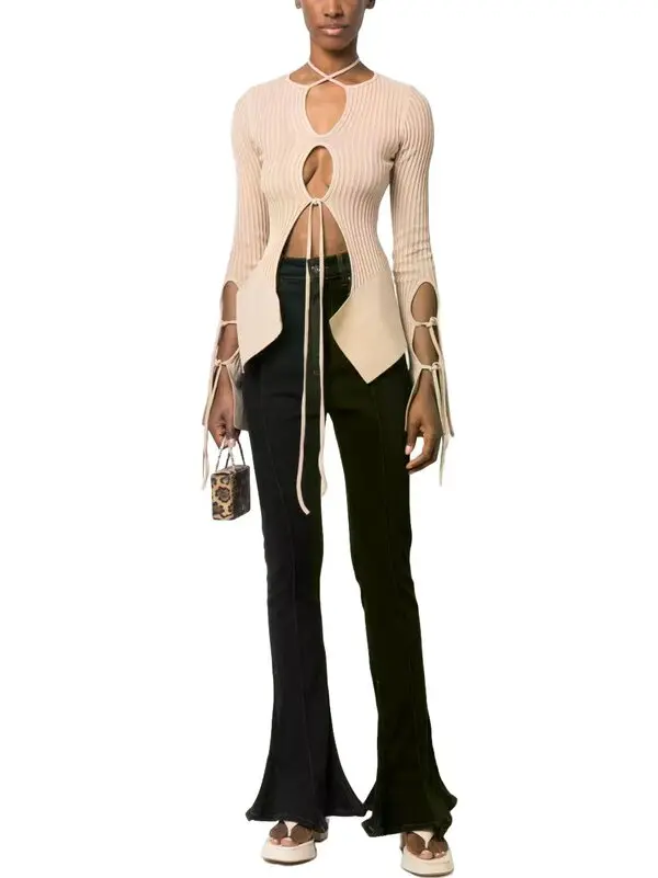 ANDREĀDAMO Tie-fastening Long-sleeve Knitted Top - Neutrals