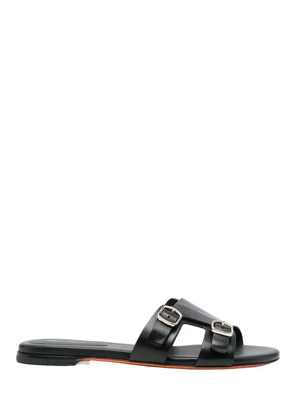 Santoni Double Strap Flat Leather Sandals - Black
