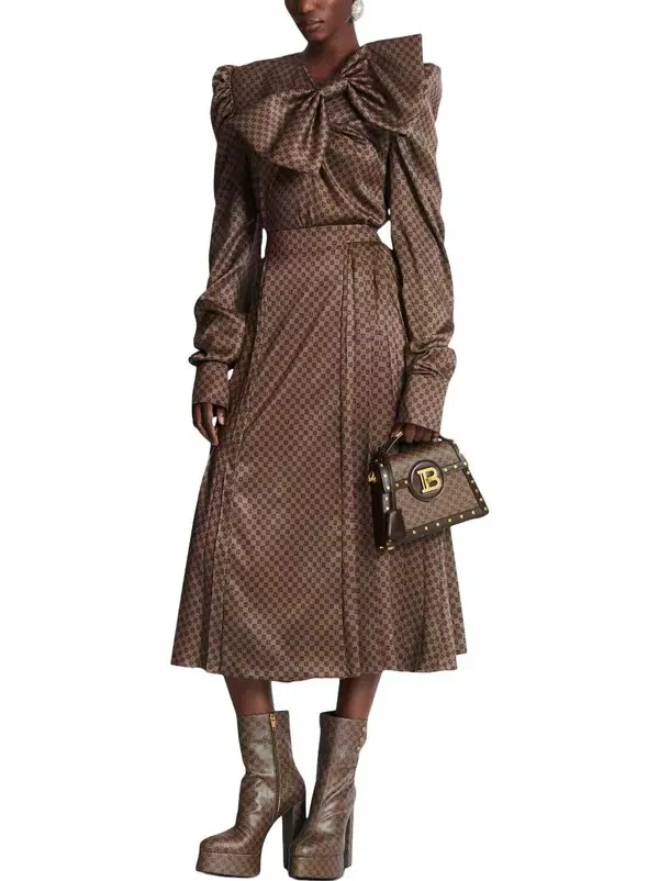 Balmain Monogram Print Pleated Midi Skirt - Brown