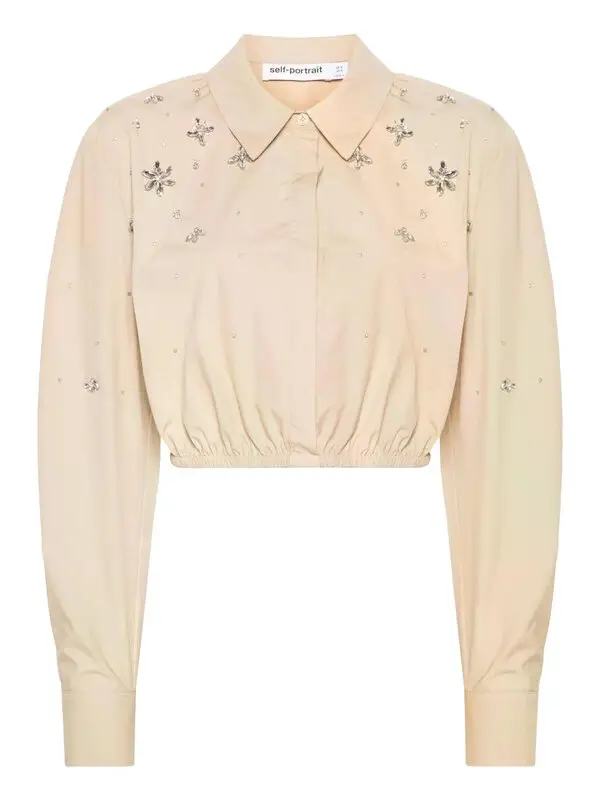 SELF-PORTRAIT Crystal-embellished Cropped Shirt - Brown