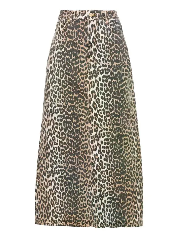 GANNI High-waisted Leopard-print Denim Midi Skirt - Neutrals