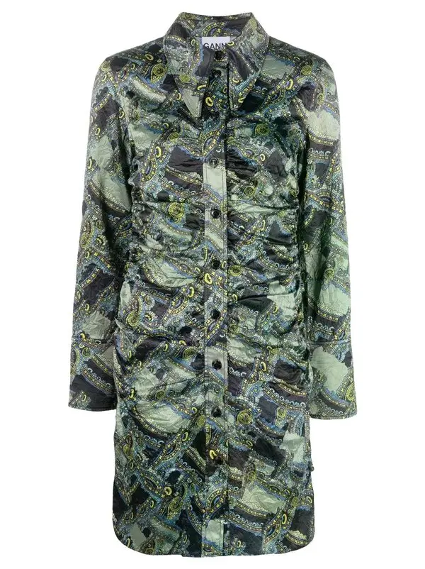 GANNI Paisley Print Button-up Shirt Dress - Green