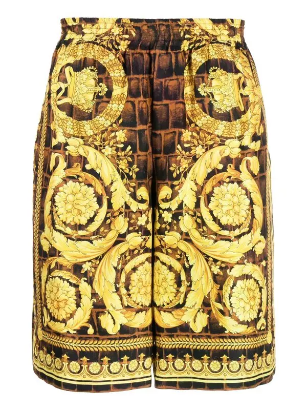 Versace Baroccodile-print Silk Shorts - Brown