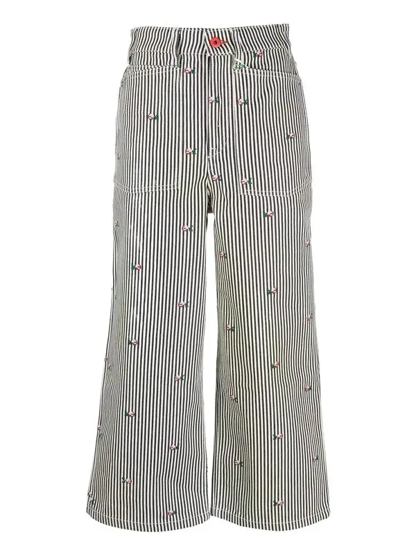 Kenzo Floral Embroidered Striped Cropped Jeans - Black