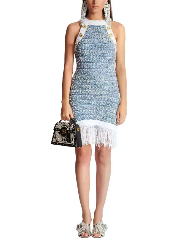 Balmain Fringed Tweed Minidress - Blue