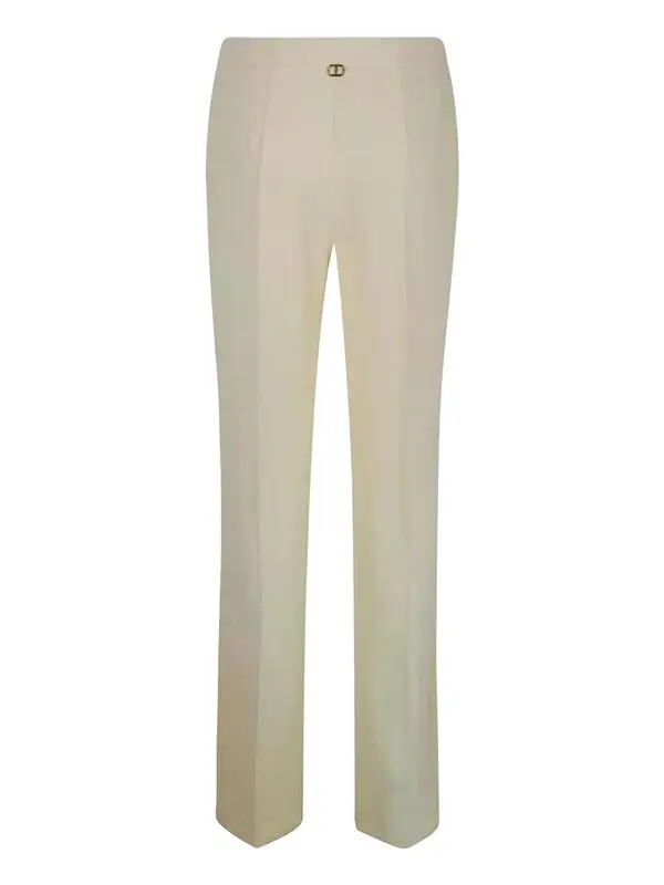TWINSET Straight-leg Trousers With Gold-tone Logo Plaque - Neutrals