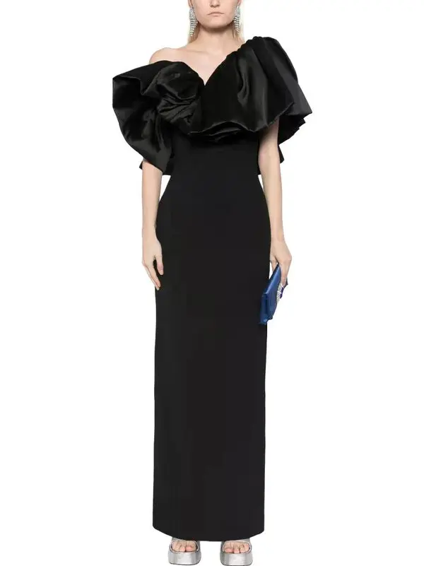 Solace London Cassia Maxi Dress With Asymmetric Neckline And Ruffled Detailing - Black